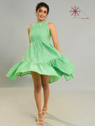 Women’s Green Khadi Cotton Two Tiered Dress – Velonae