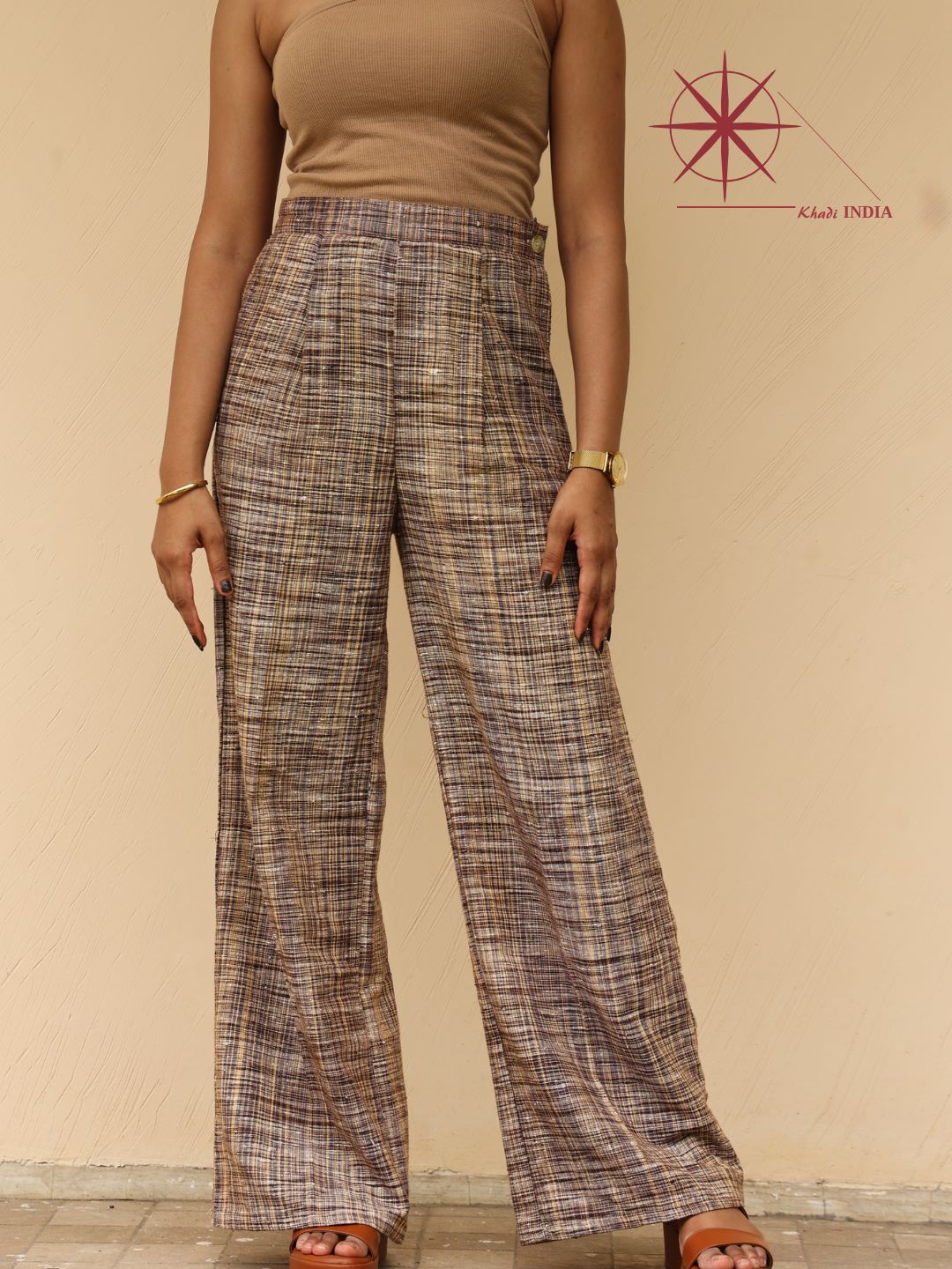Brown Khadi Cotton Textured Wide Leg Pants – Velonae