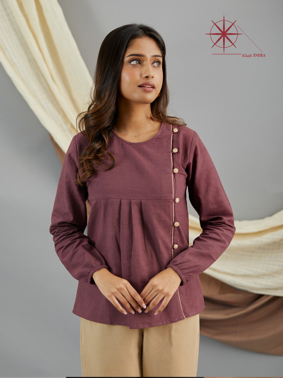 Women’s Burgundy Khadi Cotton Top With Pleat Detailing – Velonae
